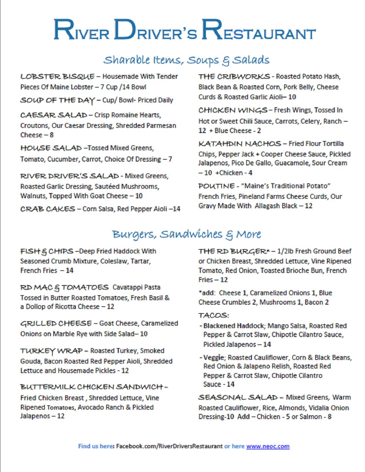 Spring Menu Lunch Dinner 2018 – New England Outdoor Center